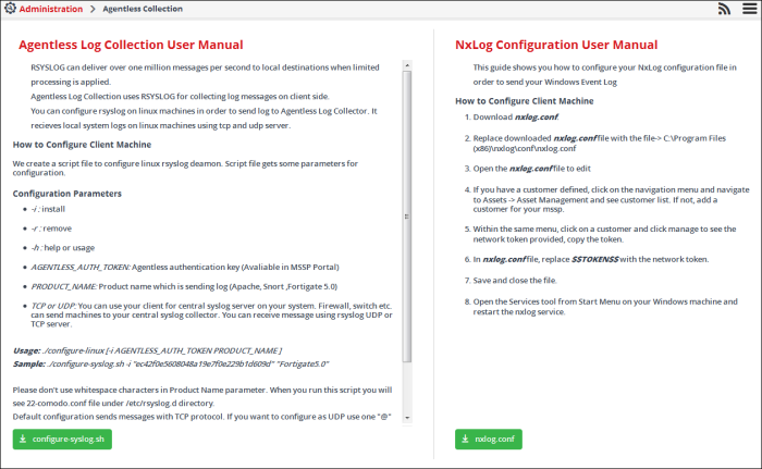 Deploy Nxlog, Rsyslog and Network Monitoring Sensors, Comodo Managed Security Platform, Comodo